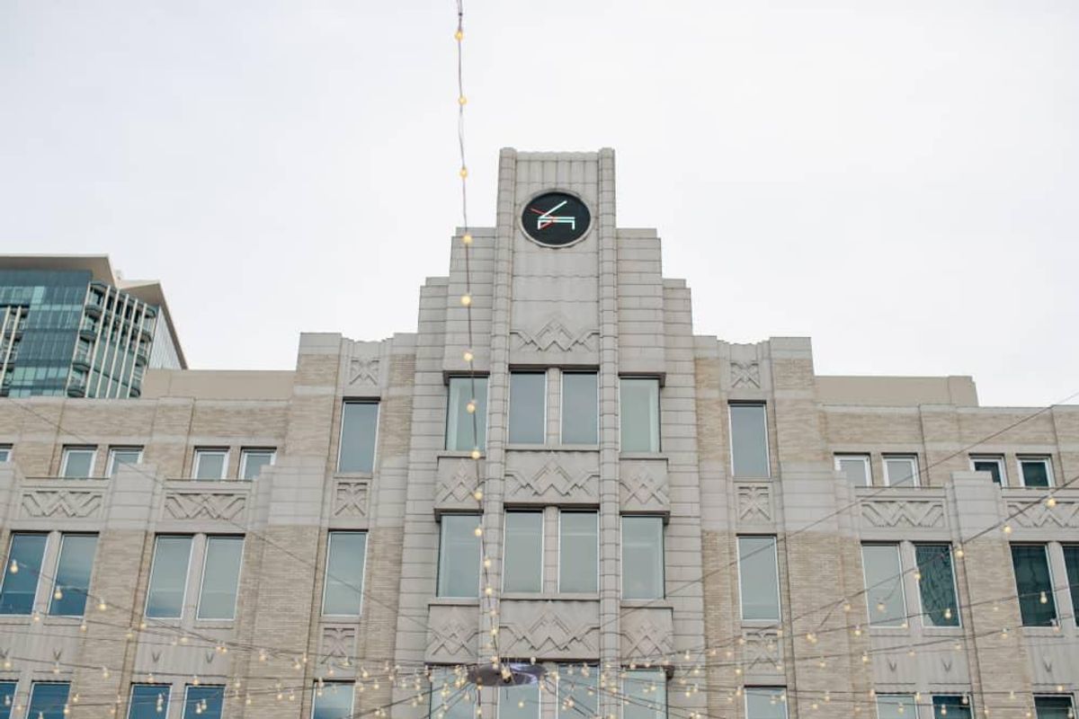 The Cliburn logo appeared on the clock high above the square ...